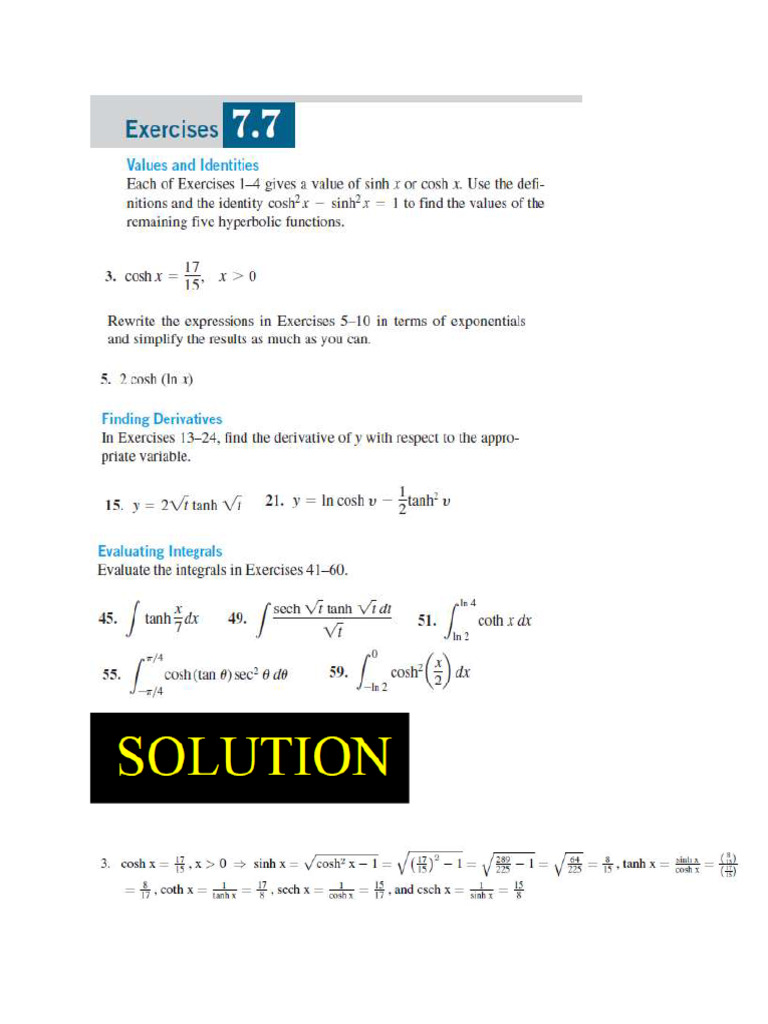 Exercise Sheet On 7.7 Hyperbolic Functions Solution | PDF
