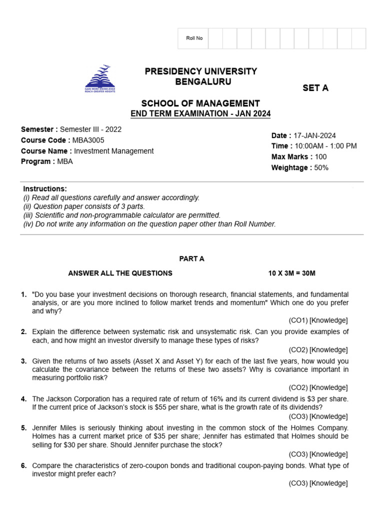 Investment management QP | PDF | Bonds (Finance) | Investing