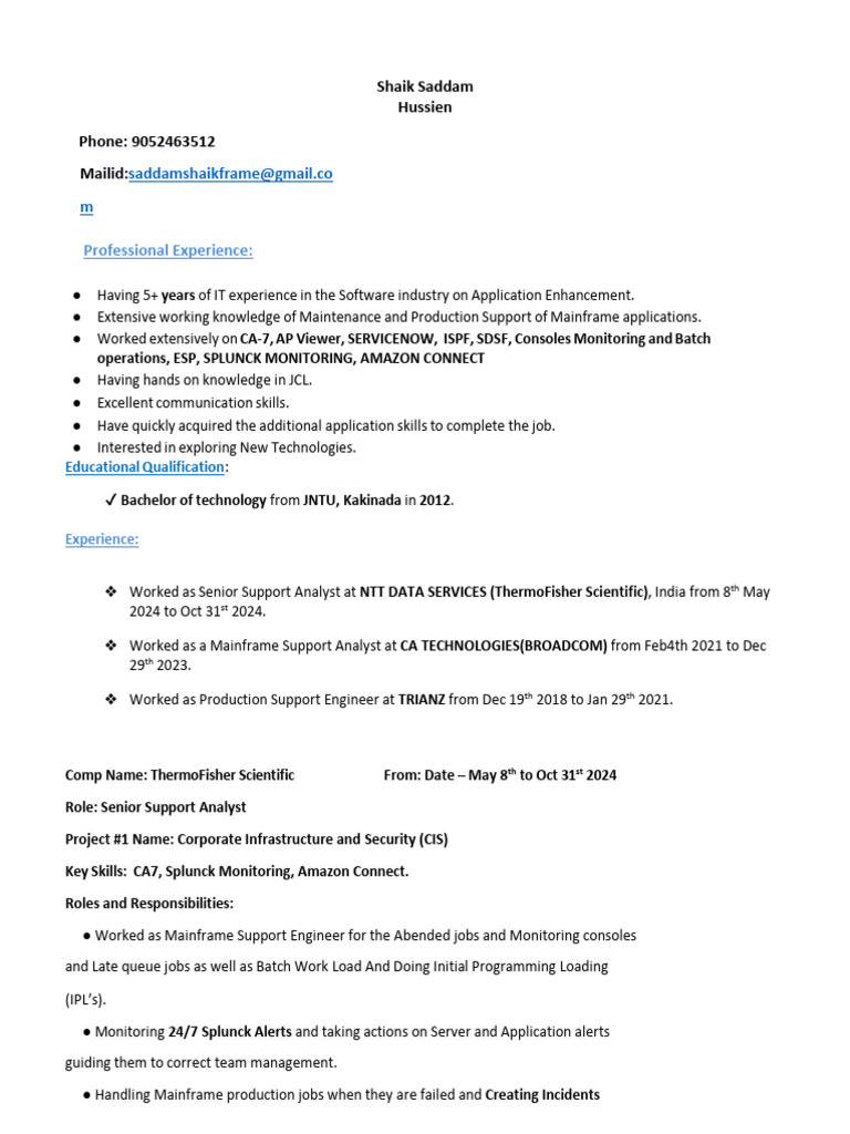 Shaik Saddam Hussien Updated Mainframe Resume .A | PDF | Operating System Families | Software
