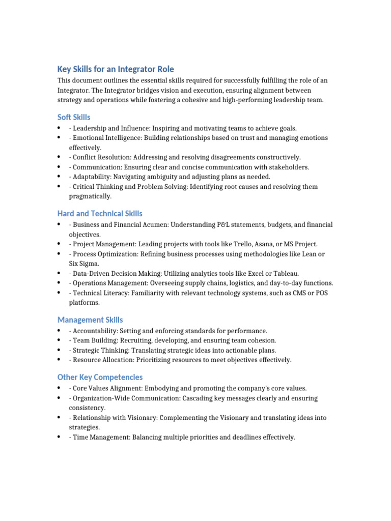Integrator Role Key Skills | PDF | Project Management | Leadership