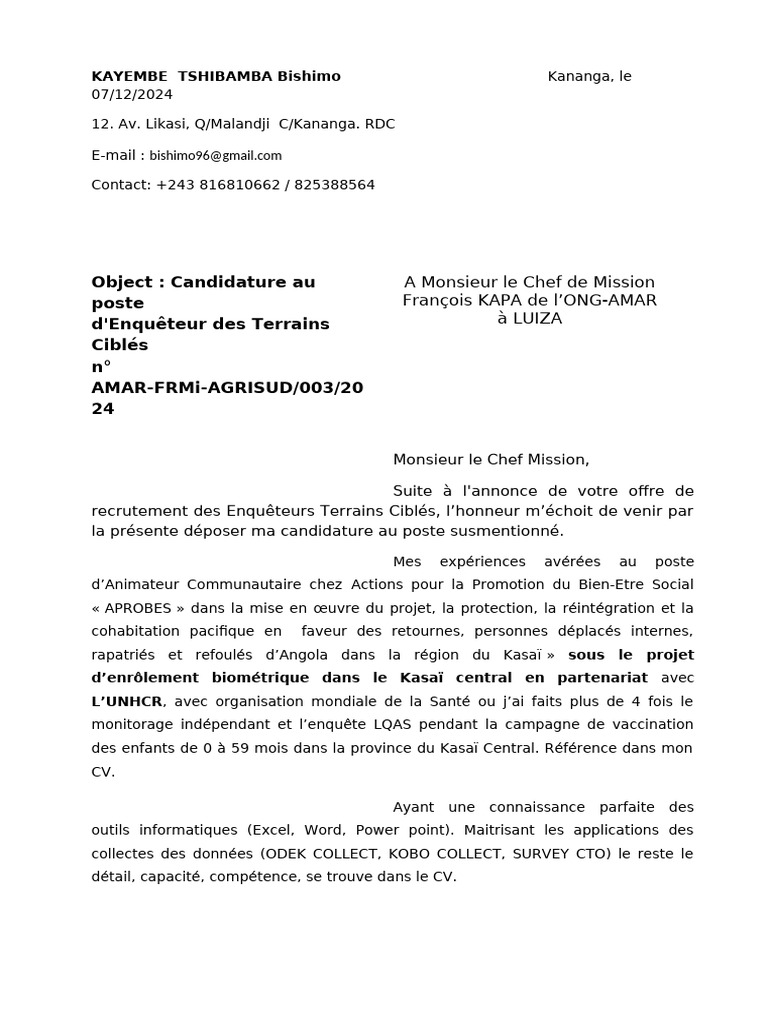 Candidature Enquêteur Terrains Ciblés | PDF