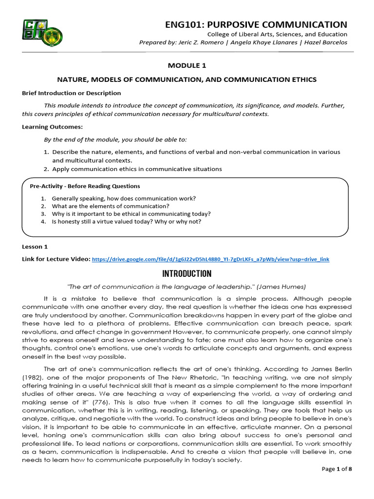 Jfzjud18h - ENG101 Purposive Communication Module 1 | PDF | Communication | Human Communication