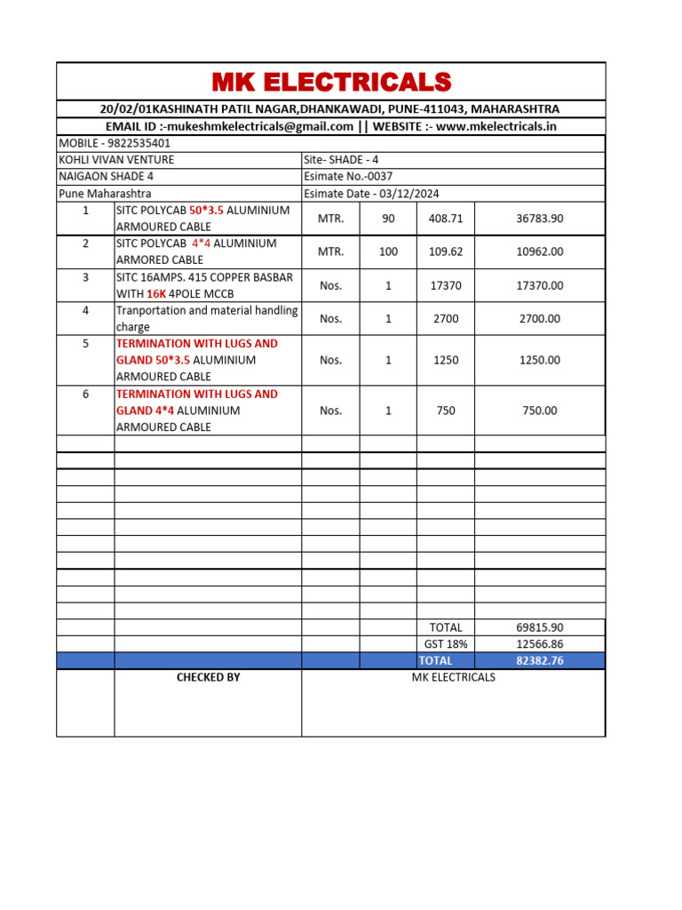 Aluminium Armoured Cable Estimate | PDF