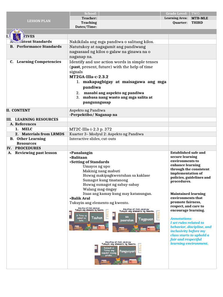MTB-MLE - Q3 - Aspekto NG Pandiwa | PDF | Learning | Curriculum