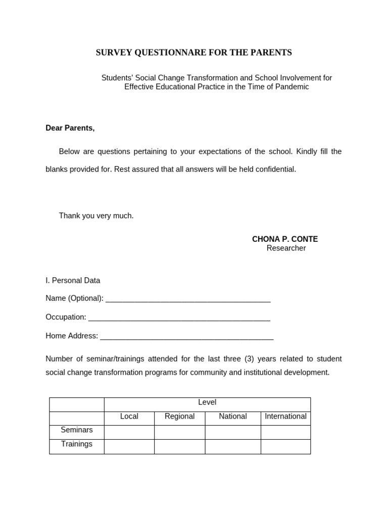 Parent Survey on School Involvement | PDF | Questionnaire | Non ...