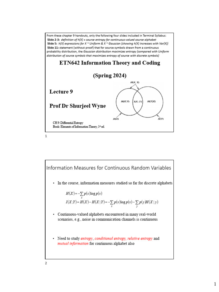 ETN642-lec9 - CH9 Differential Entropy | PDF | Probability Distribution | Probability