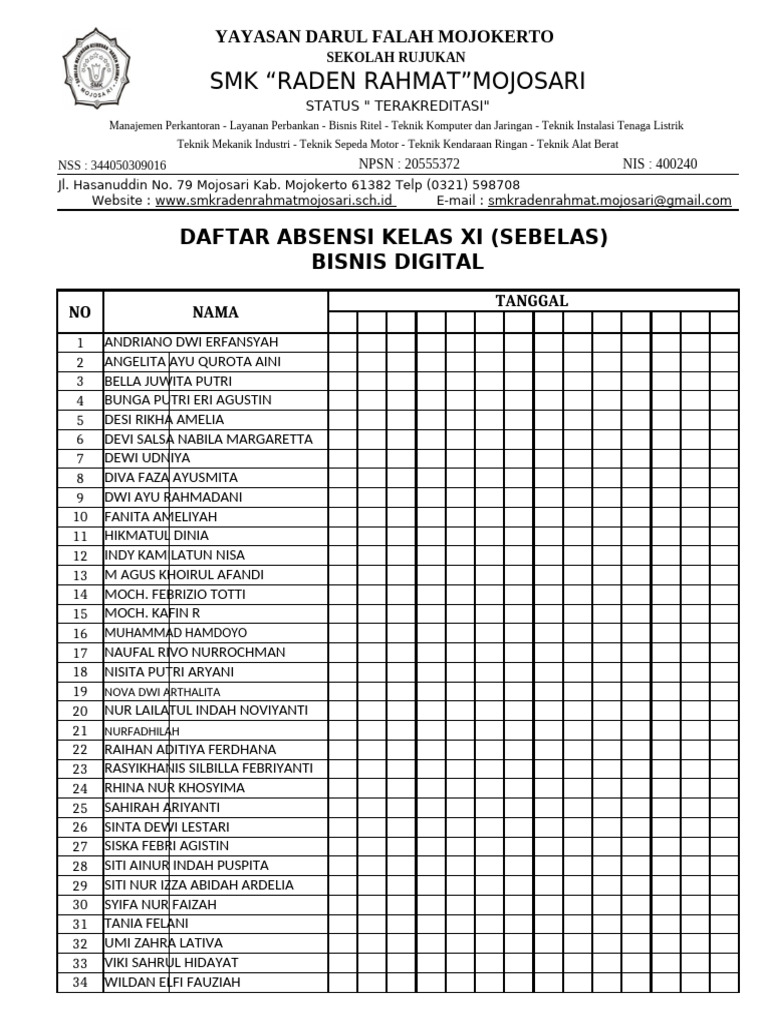 Absensi Kelas XI SMK Raden Rahmat | PDF