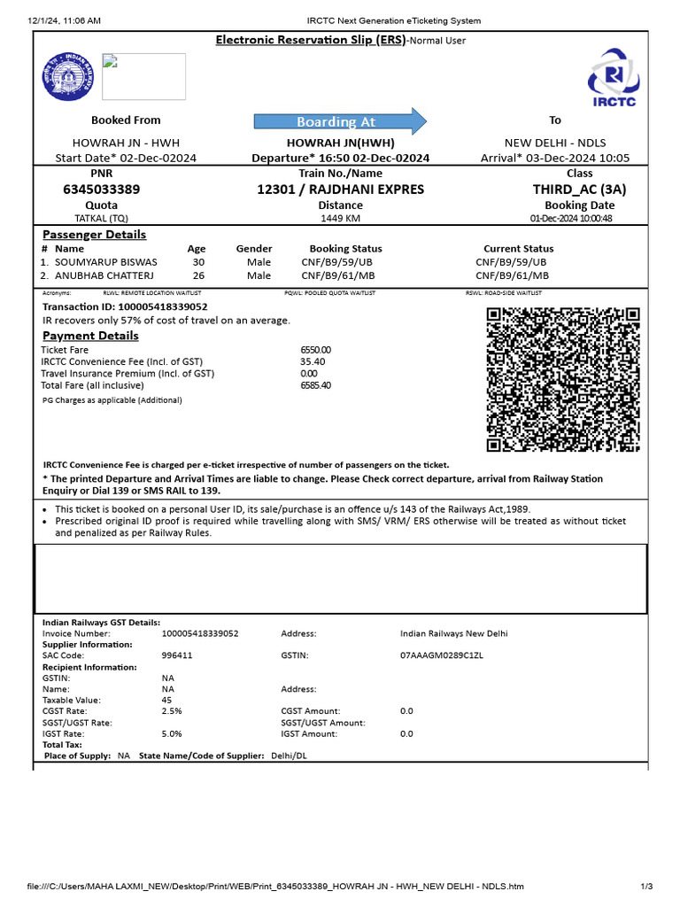 HWH TO NDLS 3A(1) | PDF | Identity Document