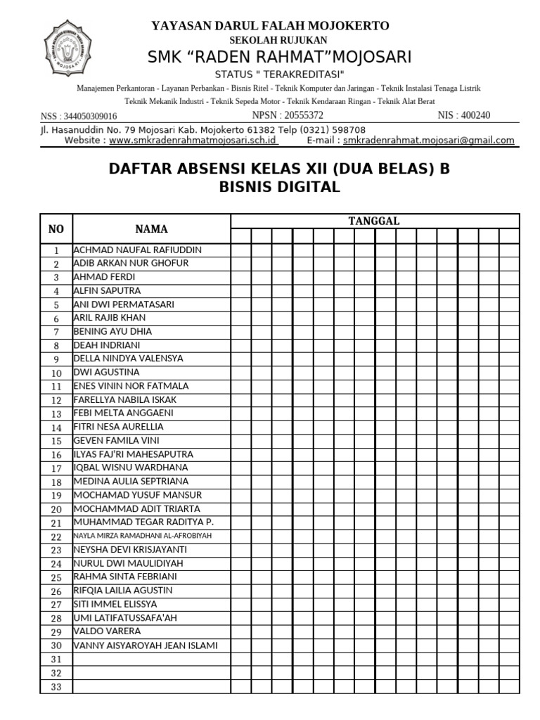 Daftar Absensi Kelas Xii 2024-2025 | PDF