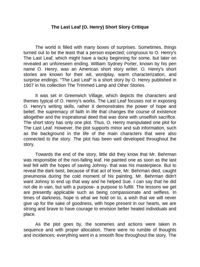 The Last Leaf O. Henry Short Story Critique | PDF | O. Henry