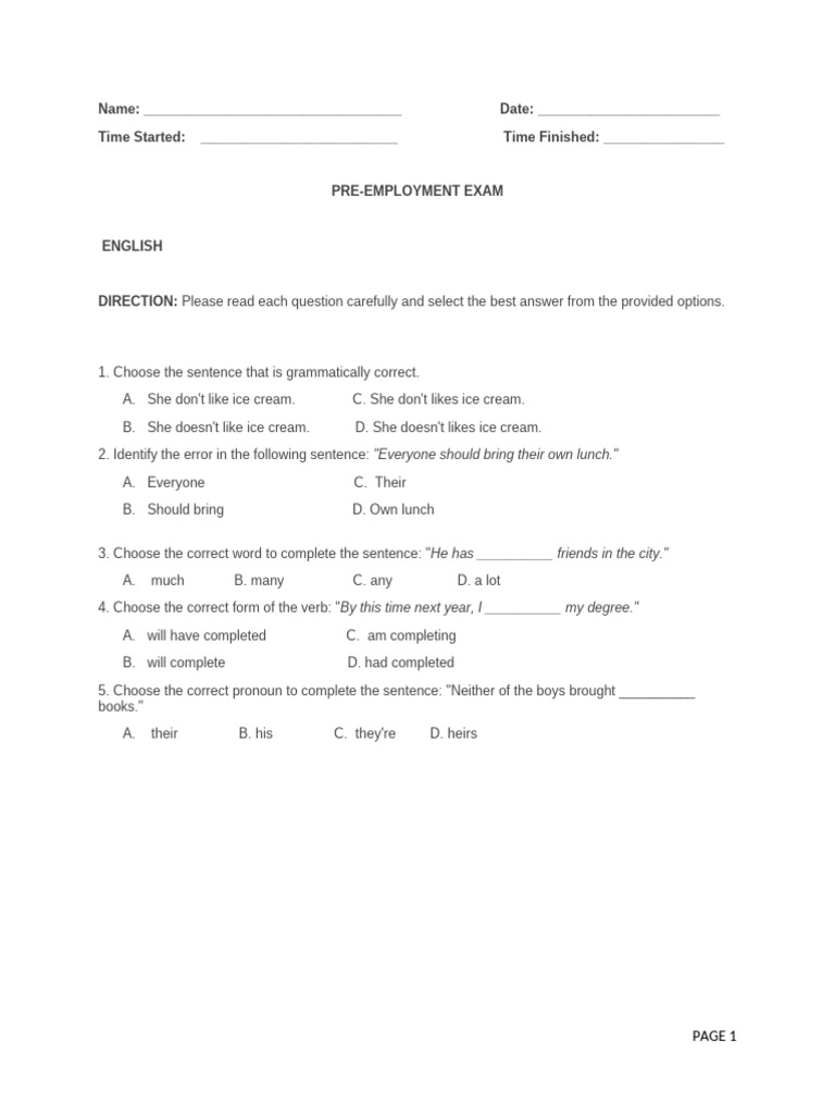 Pre Employment Exam | PDF
