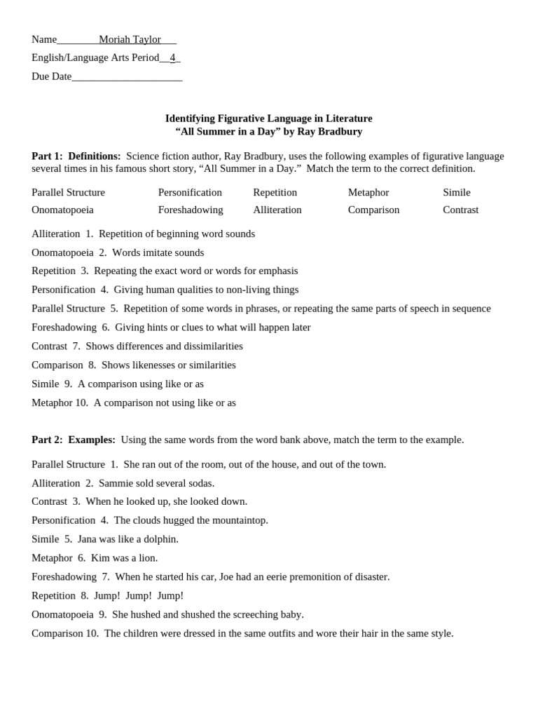 Figurative Language in "All Summer" | PDF