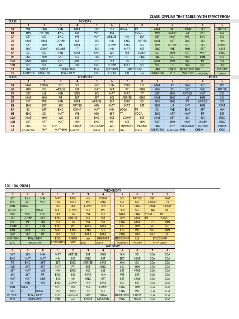 Revised Students TIMETABLE W.E.F 1-04-2024 | PDF
