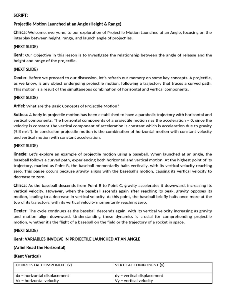 Script For Projectile Motion Pdf Projectiles Acceleration