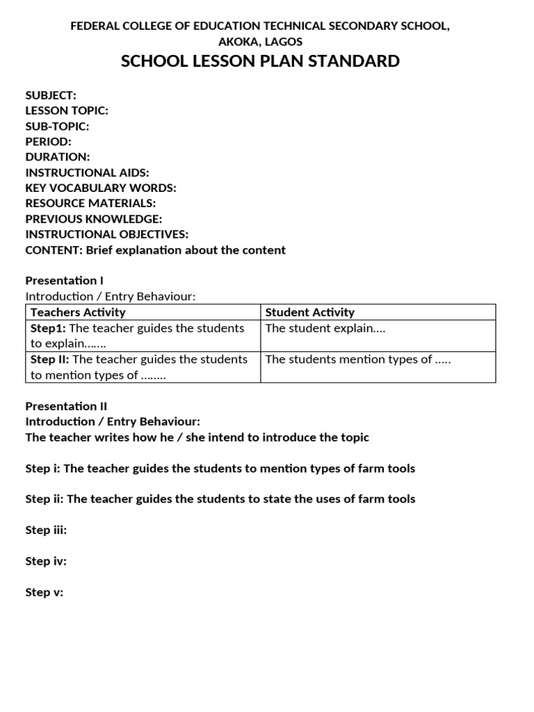 Lesson Plan Template for Technical Education | PDF