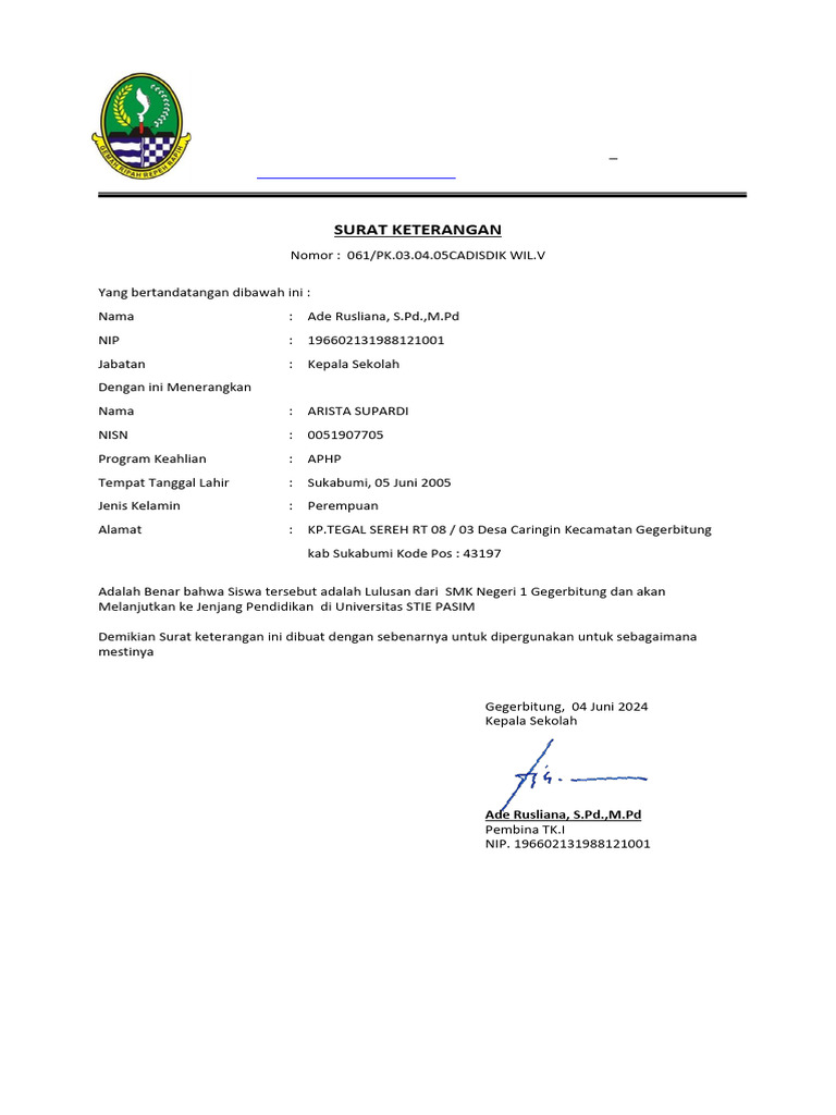 SURAT KETERANGAN Melanjutkan Pendidikan No 061 TGL 04 Juni 2024 | PDF