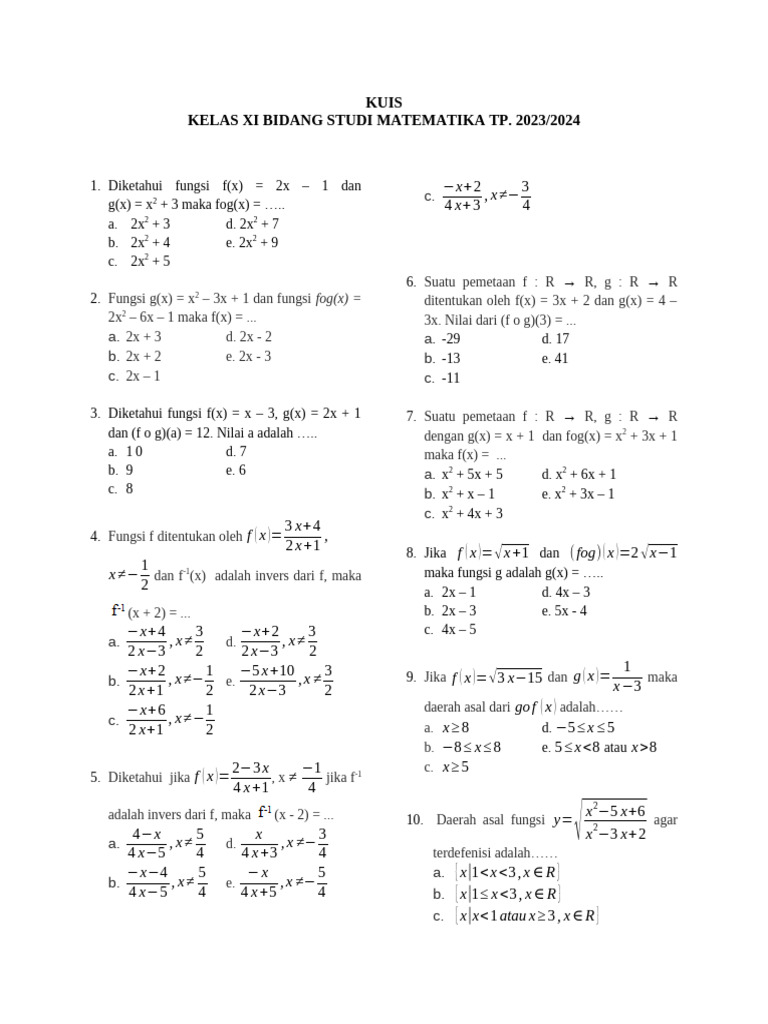Kuis Matematika Kelas XI 2023/2024 | PDF