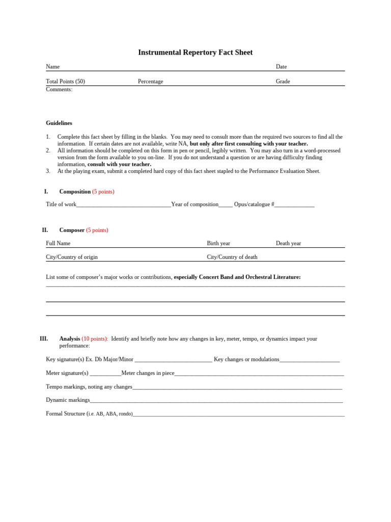 Applied Instrumental Repertory Fact Sheet | PDF | Composers | Musical Compositions
