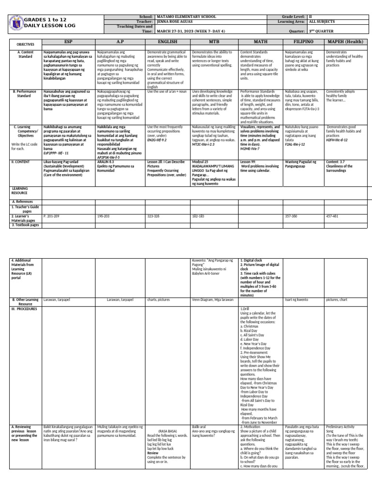 DLL_ALL SUBJECTS 2_Q3_W7_D4 | PDF
