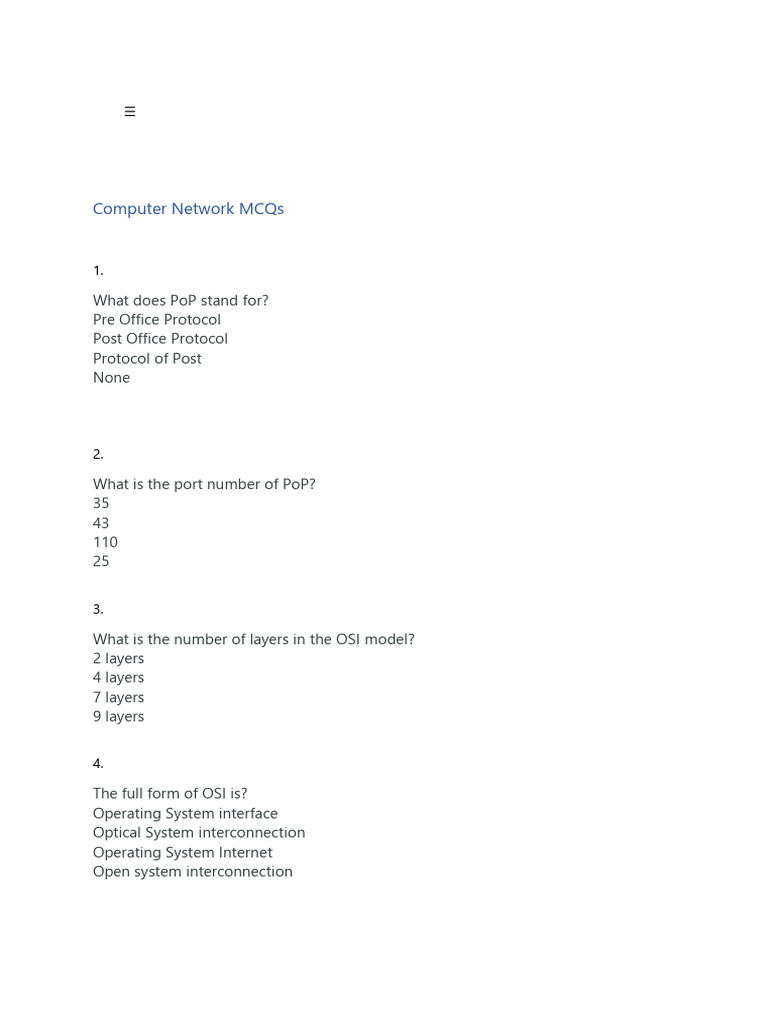 Computer Network MCQs with Answers | PDF | Internet Protocol Suite ...