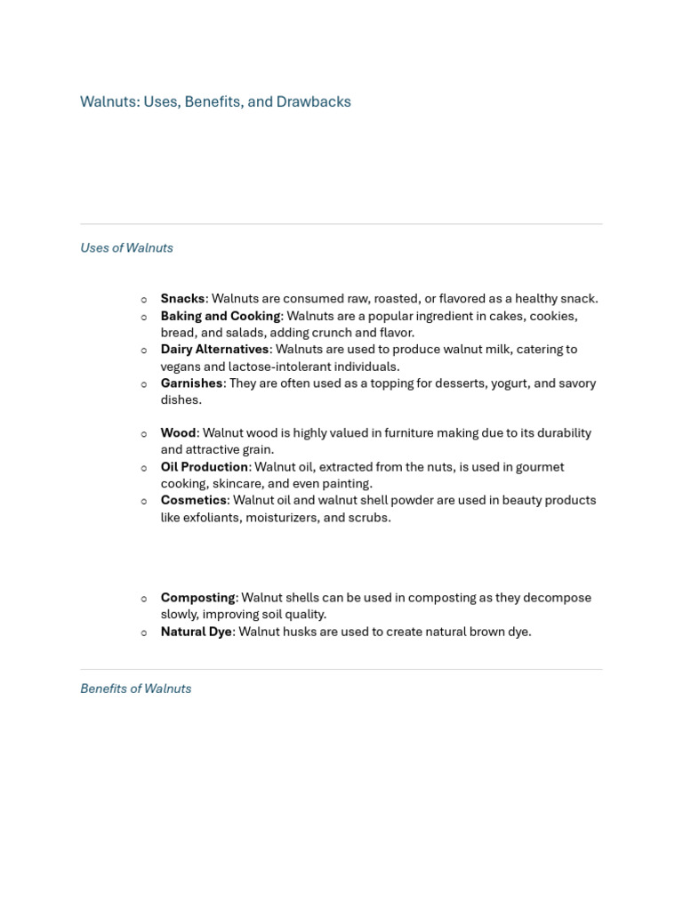 Walnuts' Uses, Benefits and Drawbacks | PDF | Walnut | Fat