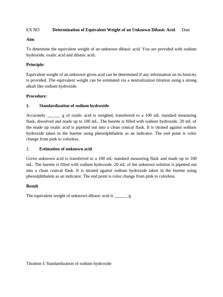 Determine Equivalent Weight of Dibasic Acid | PDF | Titration | Chemistry