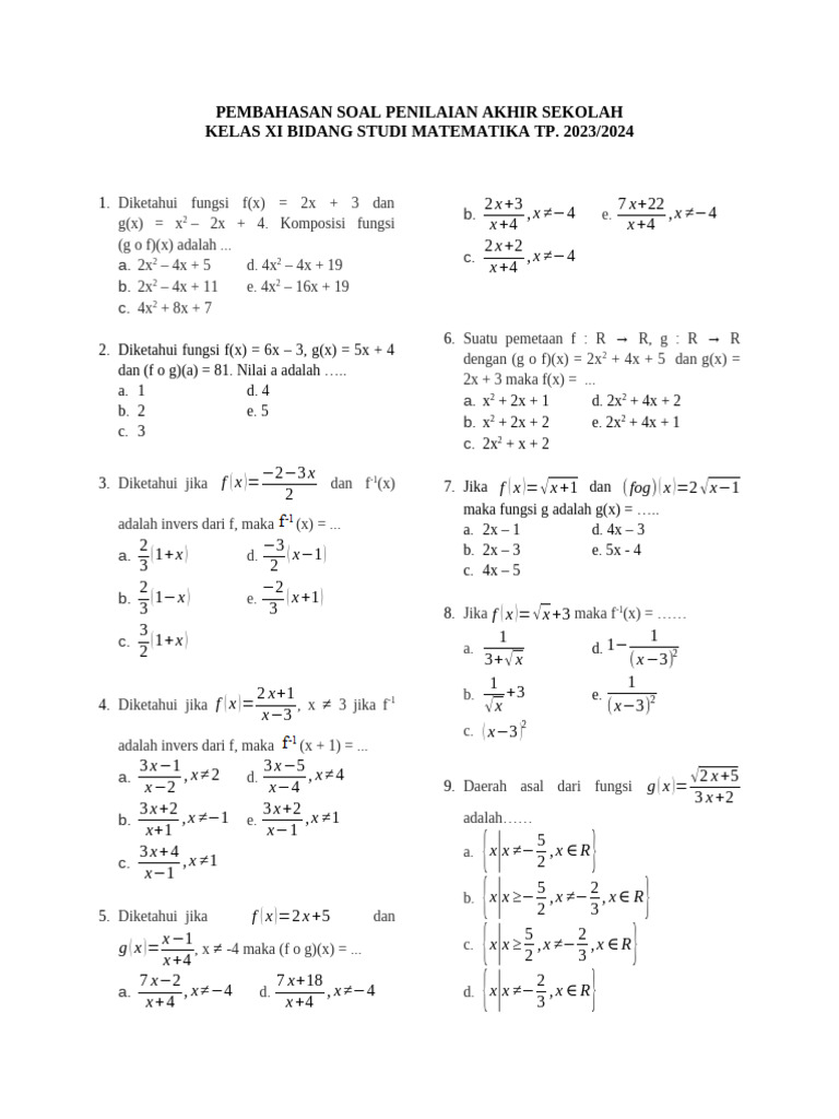 SOAL-SOAL FUNGSI KOMPOSISI | PDF