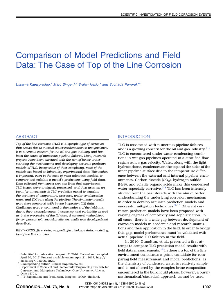Comparison of Model Predictions and Field Data The Case of Top of The ...