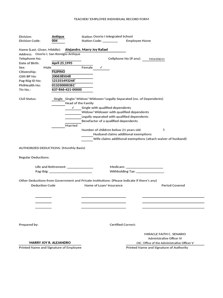 Teachers Individual Form (1) ALEJANDRO | PDF | Taxation | Public Finance