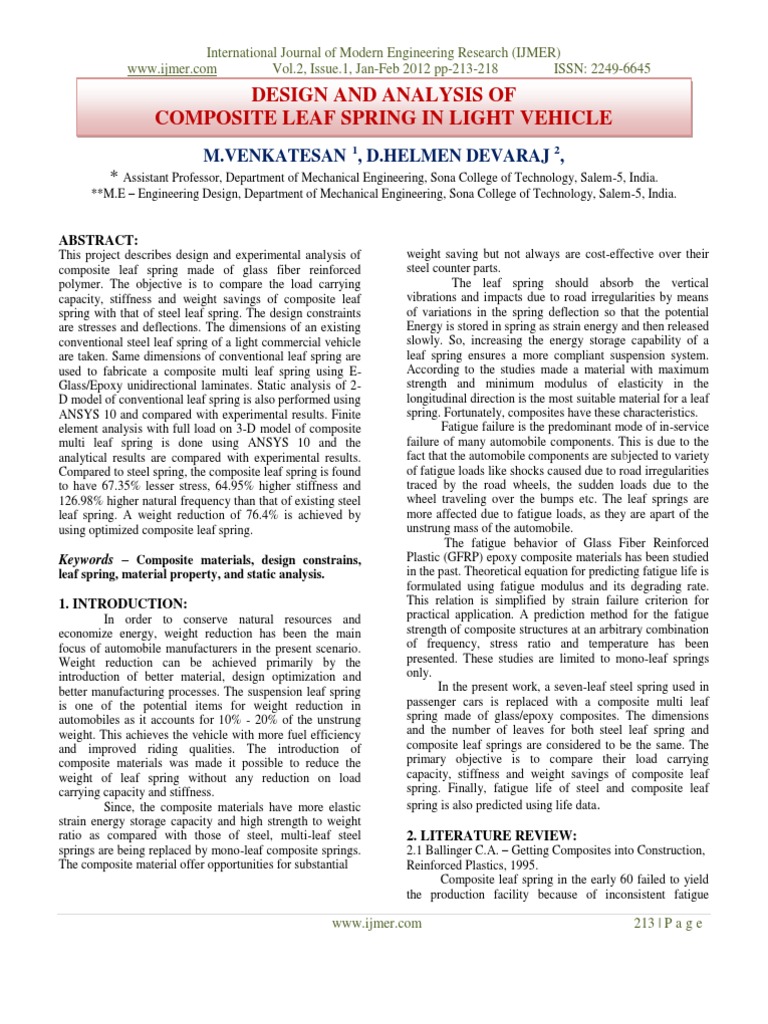 Design And Analysis Of Composite Leaf Spring In Light Vehicle Pdf