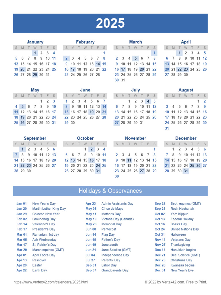 2025 Calendar With Holidays Portrait | PDF | Observances | Holidays