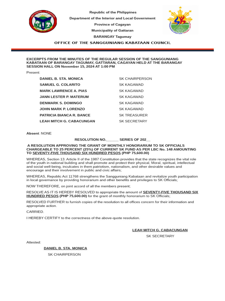 RESOLUTION-of-25-honorarium-of-SK-officials | PDF | Government