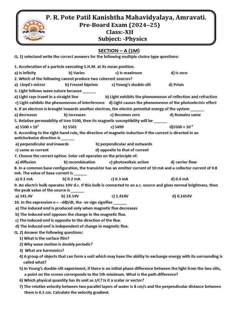 XII Pre-Board Phy 24-25 State | PDF | Wavelength | Electrical Engineering
