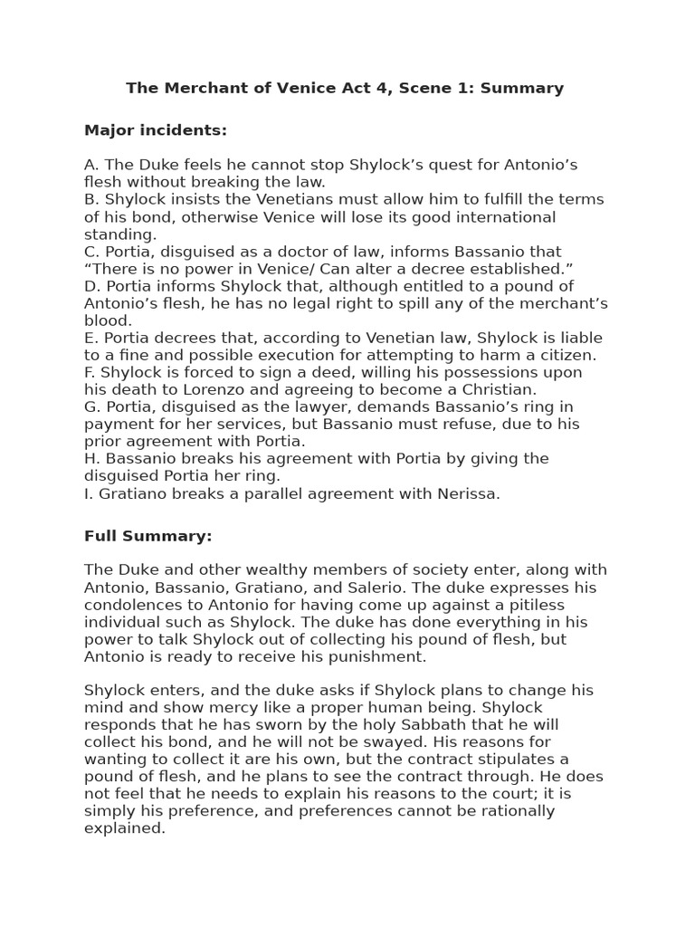 The Merchant of Venice Act 4 Scene 1 Summary | PDF | The Merchant Of ...