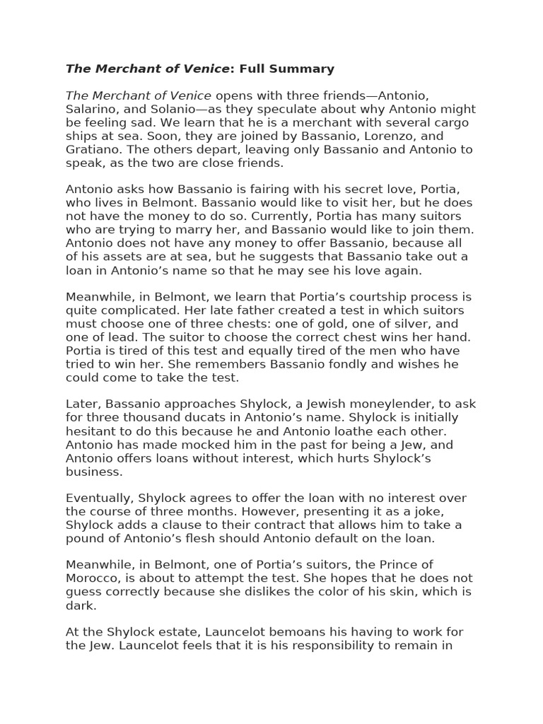 The Merchant of Venice Summary | PDF | The Merchant Of Venice | Shylock