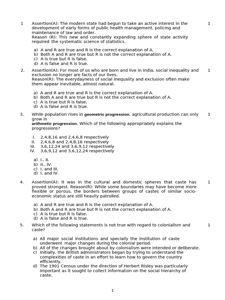Sample Paper-Xii Socio-Objective Questions | PDF | Caste | Stereotypes