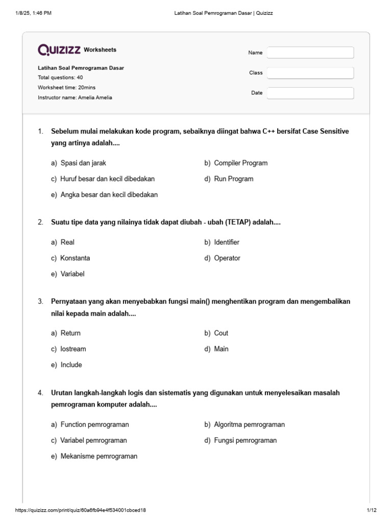 Latihan Soal Pemrograman Dasar _ Quizizz | PDF
