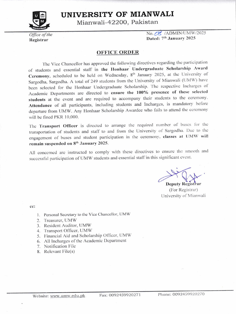 Mianwali University Scholarship Ceremony Notice | PDF
