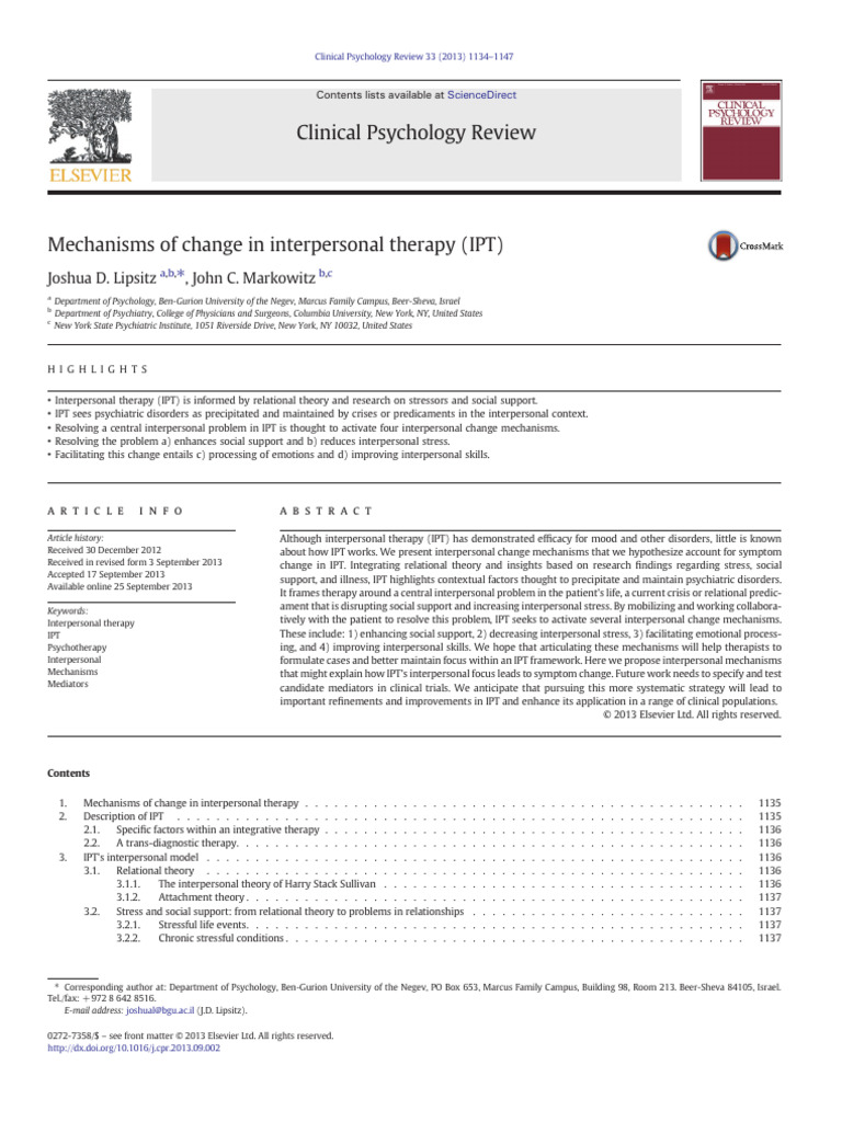 Mechanisms of change in interpersonal therapy (IPT) | PDF | Attachment ...