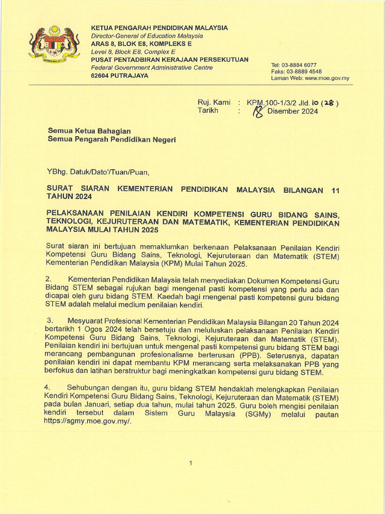Surat Siaran KPM Bil.11 Pelaksanaan Penilaian Kendiri Kompetensi Guru ...