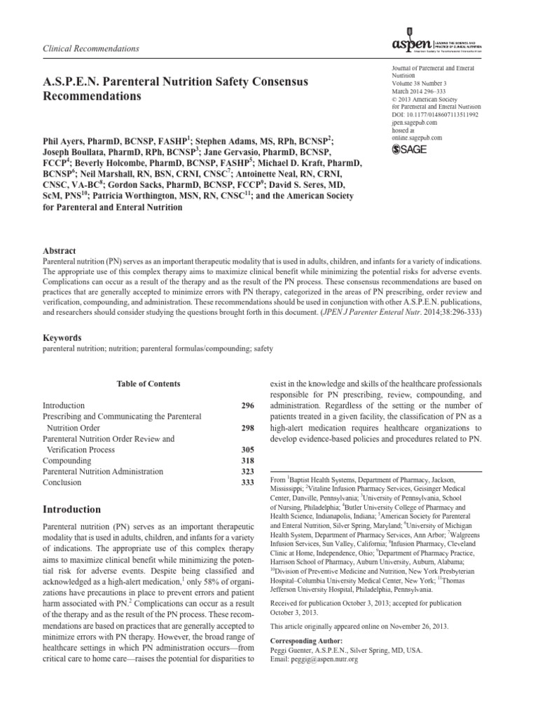 ASPEN Parentral Nutrition TPN 2014 | PDF | Pharmacy | Intravenous Therapy