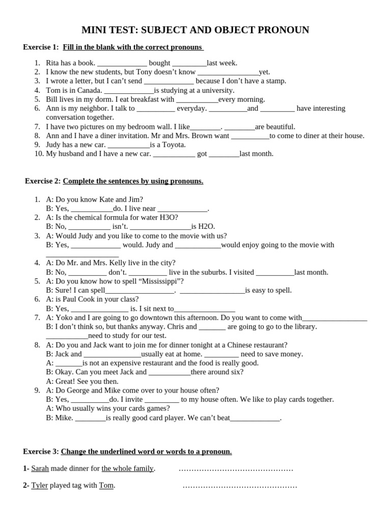 E8 - SUBJECT AND OBJECT PRONOUN - No1 | PDF