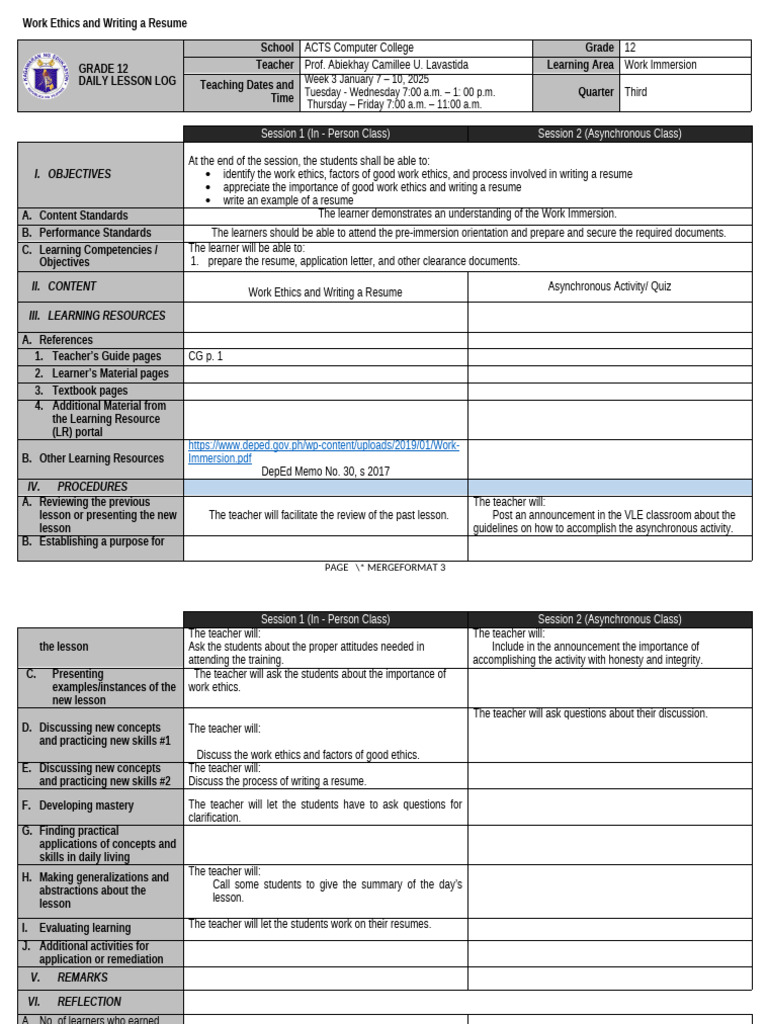 3. W3 Work Immersion | PDF | Teachers | Learning