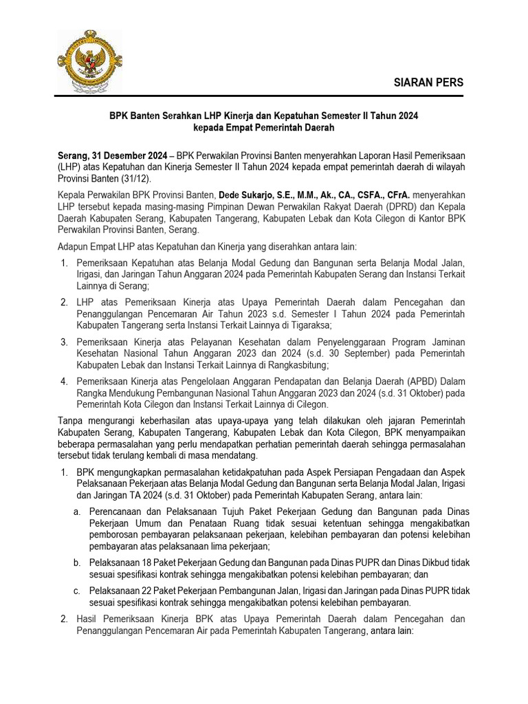 Siaran Pers LHP Kinerja Kepatuhan 2024 | PDF