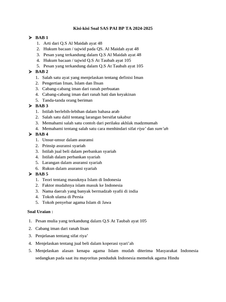Kisi-kisi SAS PAIBP 24-25 siswa | PDF