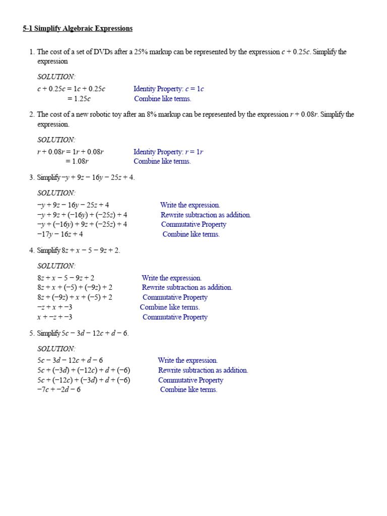 L 5-1 Simplify Algebraic Expressions (Solutions) | PDF | Mathematical Objects | Abstract Algebra