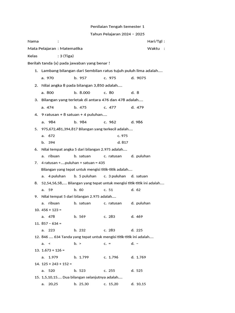 Penilaian Tengah Semester 1 Matematika | PDF