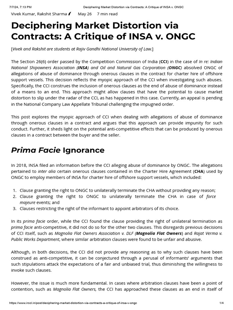 Deciphering Market Distortion Via Contracts - A Critique of INSA v ...