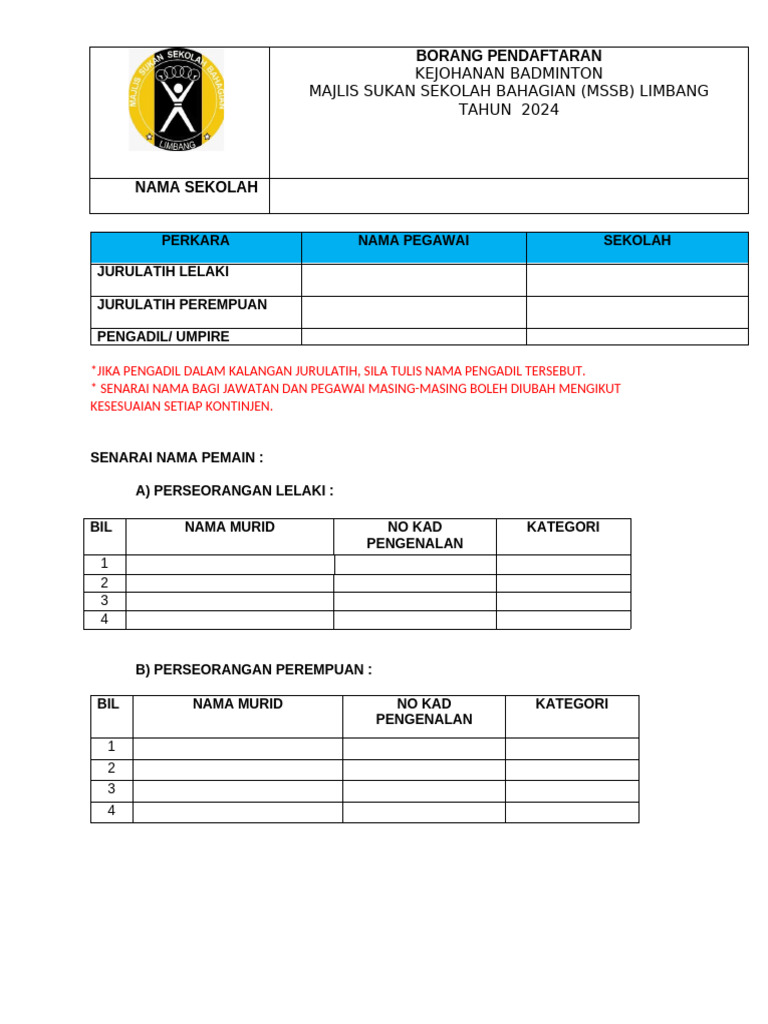 Borang Pendaftaran Badminton Pdf