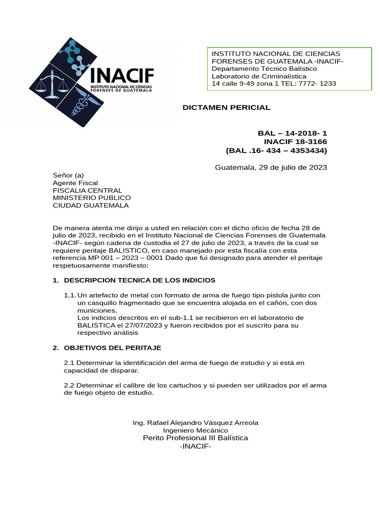 Dictamen Pericial Balístico INACIF | PDF